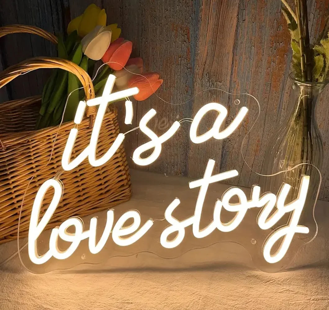 "It's a Love Story" neon sign – FloralScape Backdrops